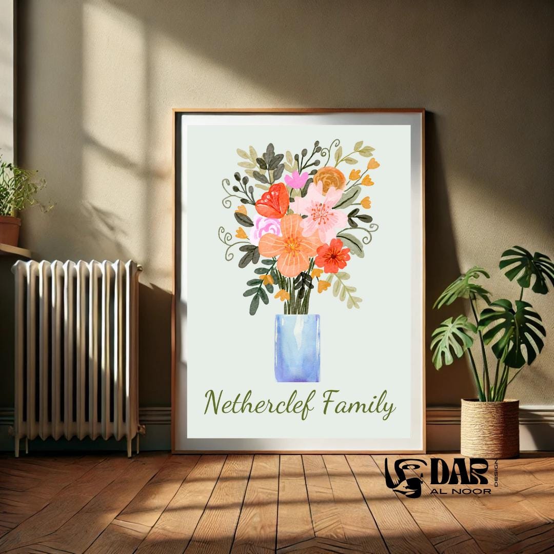 Family Flower Bouquet – Personalized Watercolor Print With Custom Name ...