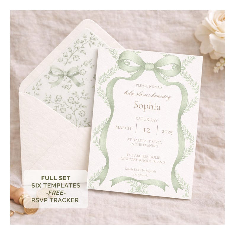 Editable Invite Set Green Bow Digital Invitation Template Party RSVP Card Greenery Envelope ...