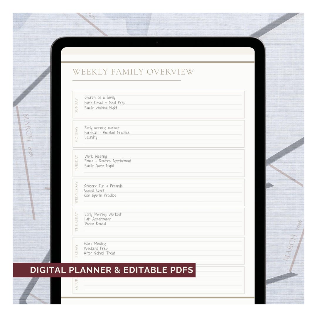 Undated Digital Planner Printable Template Family Calendar Weekly ...