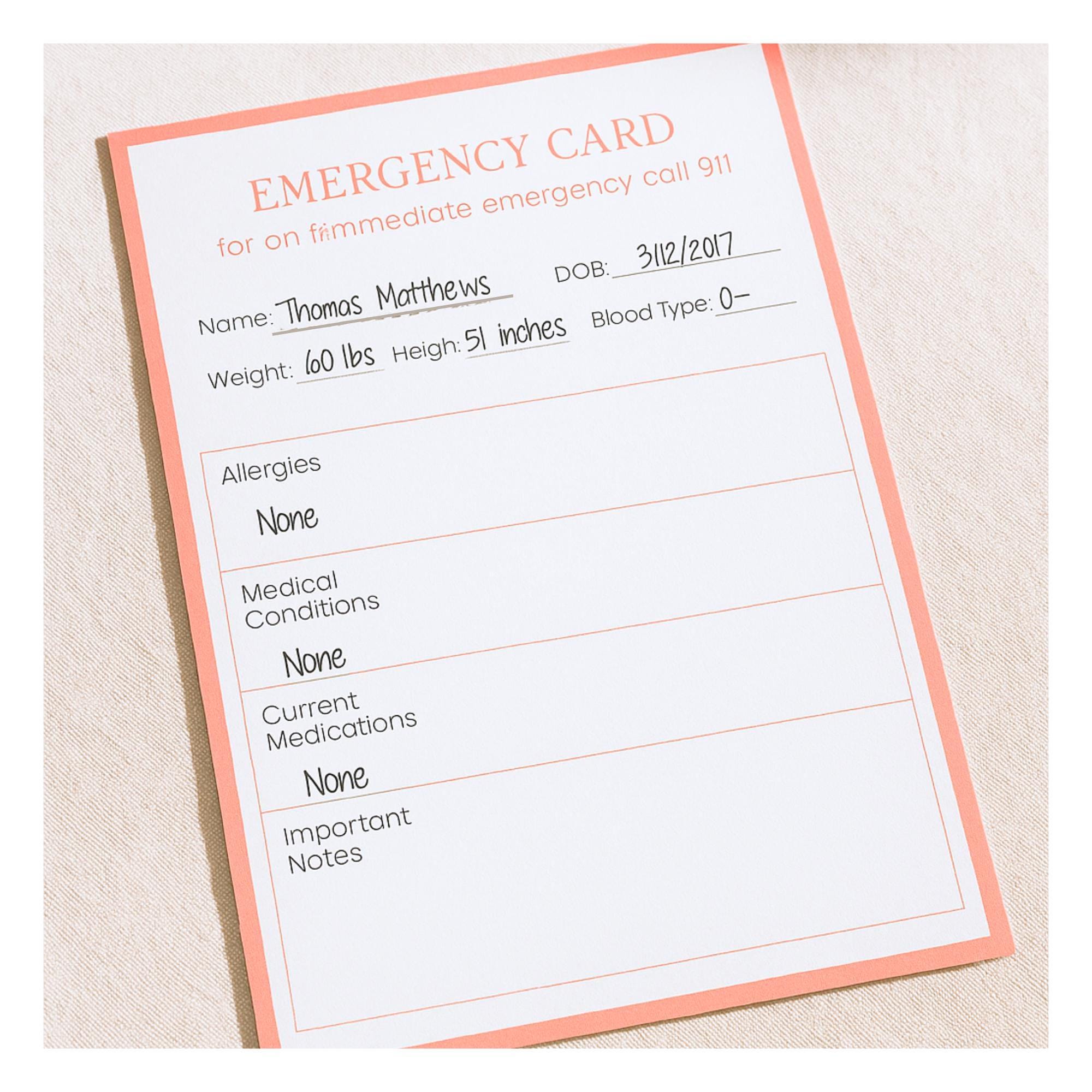 Emergency Contact Card Template Printable Allergy Information Medical ...