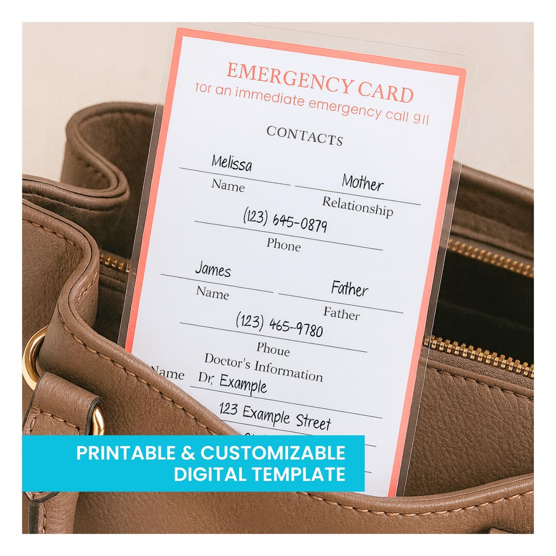 Emergency Contact Card Template Printable Allergy Information Medical ...