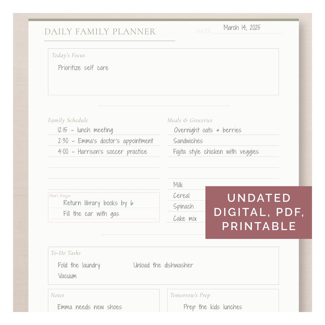 Minimal Family Planner Printable Daily Organizer Mom Schedule Template ...