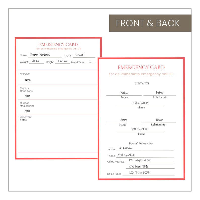 Emergency Contact Card Template Printable Allergy Information Medical ...