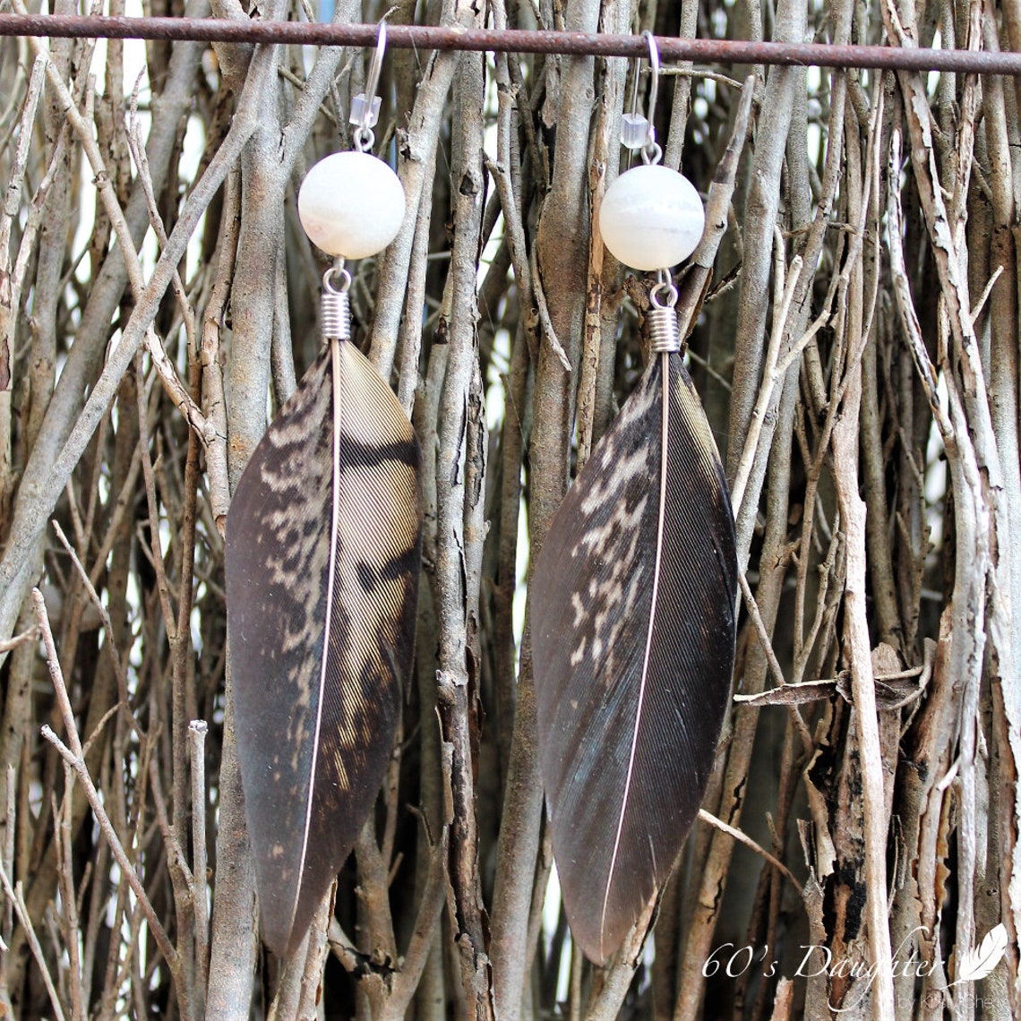 Pheasant Feather and Agate Druzy Crystal Earrings / Feather Earrings ...