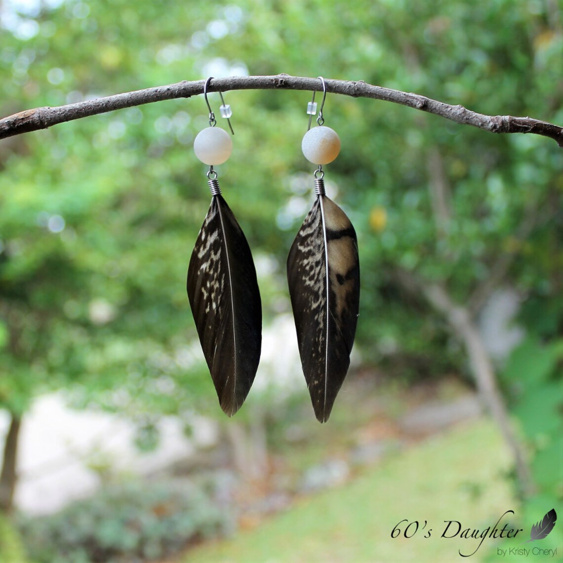 Pheasant Feather and Agate Druzy Crystal Earrings / Feather Earrings ...