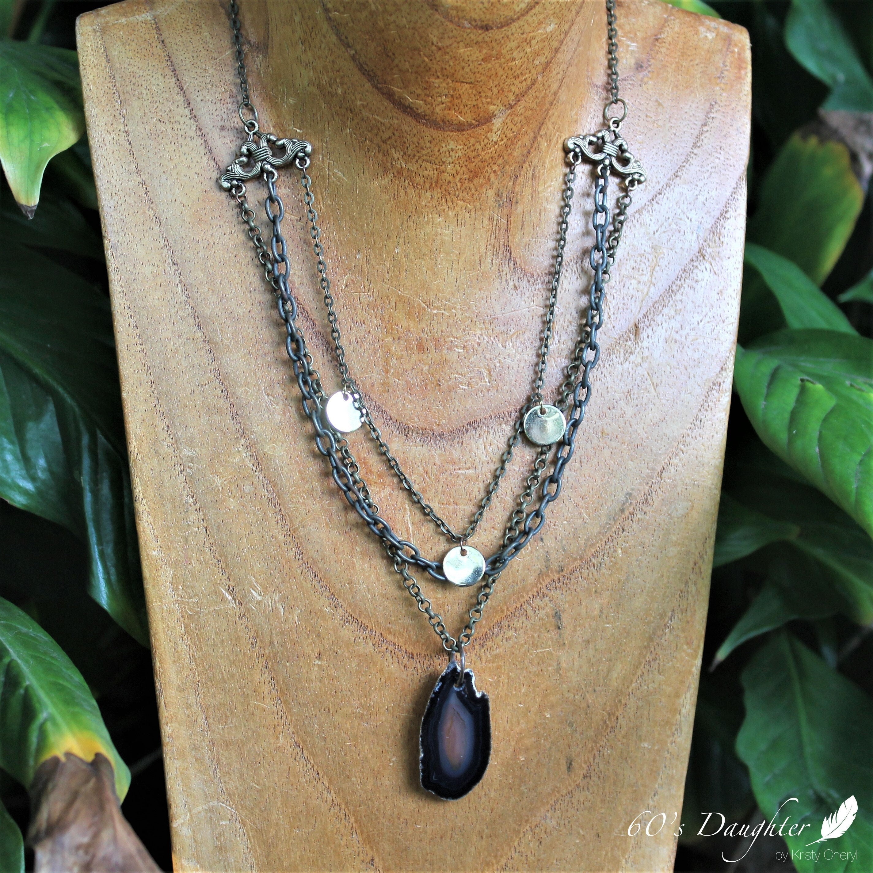 3 Layer Agate Necklace // Sliced Agate Necklace // Chocolate Brown ...