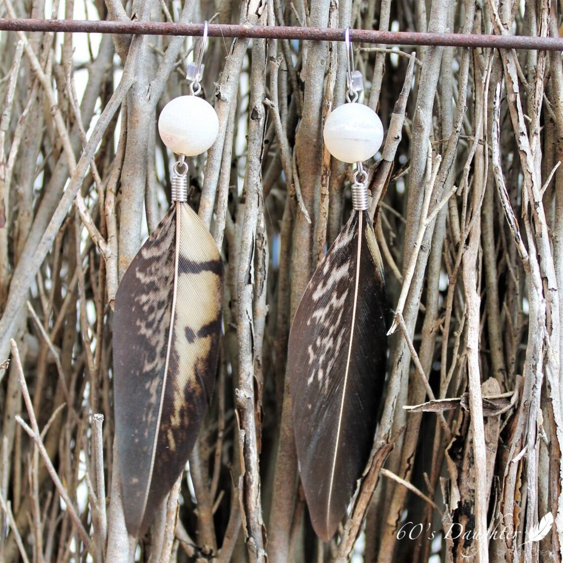 Pheasant Feather and Agate Druzy Crystal Earrings / Feather Earrings ...