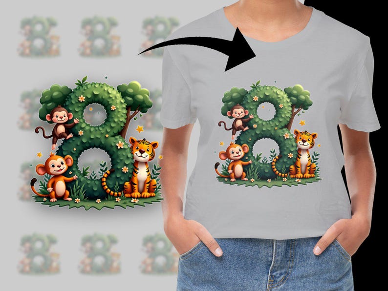 Jungle Animals Birthday Number 8 PNG: Monkey & Tiger Design | Kids ...