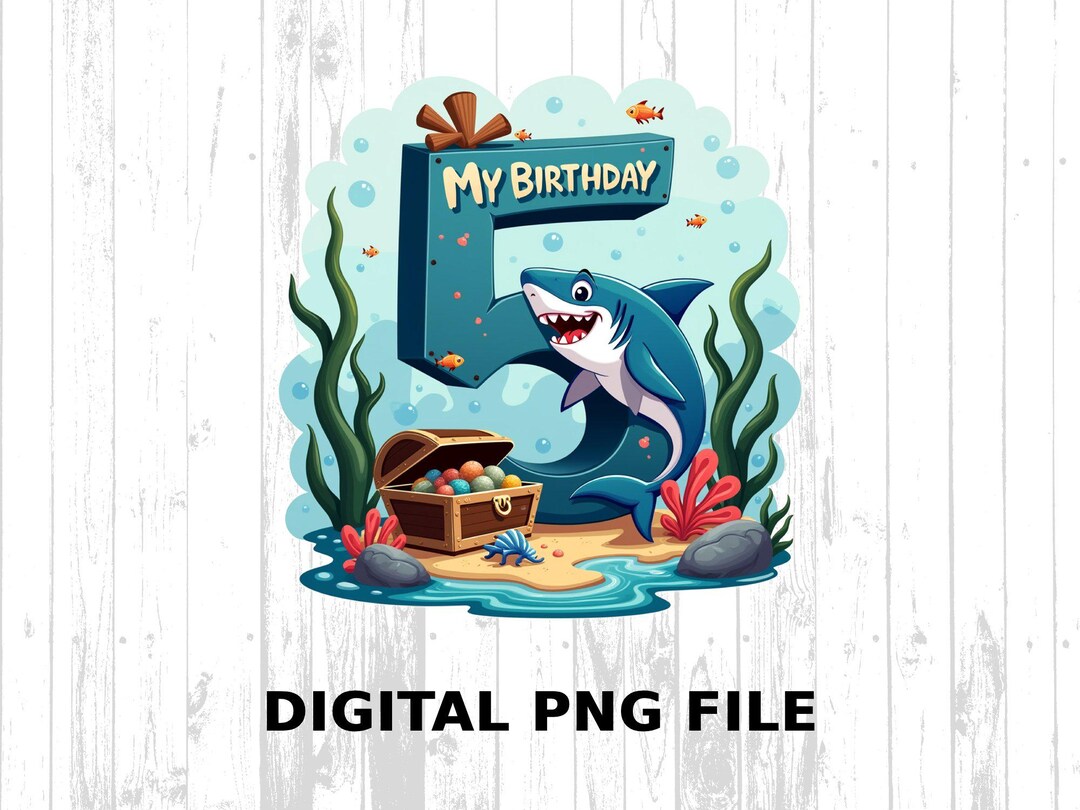 Shark 5th Birthday PNG: Underwater Party Decor | Kids Party Sublimation ...