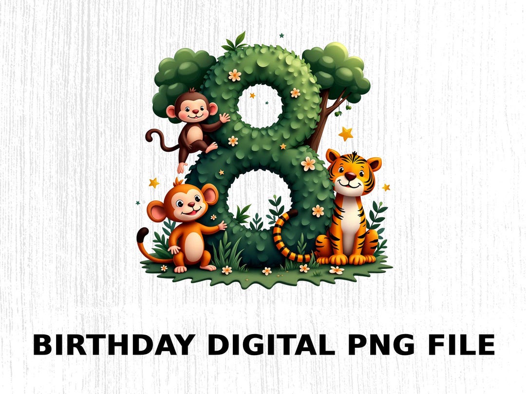 Jungle Animal Birthday Number 8 PNG, Cute Monkey and Tiger Digital ...