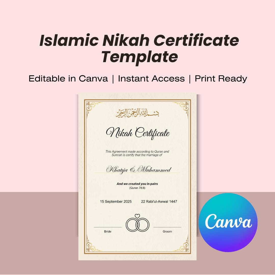 Editable Islamic Nikah Certificate Template: Muslim Marriage Contract ...