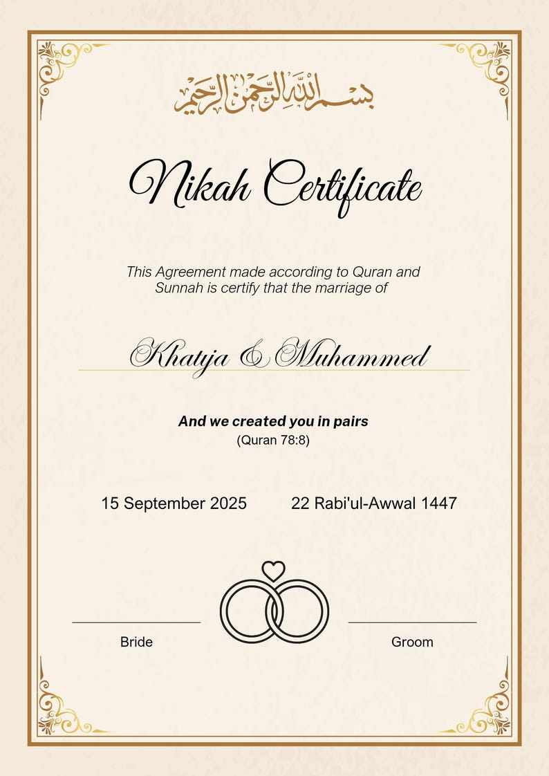 Editable Islamic Nikah Certificate Template: Muslim Marriage Contract ...