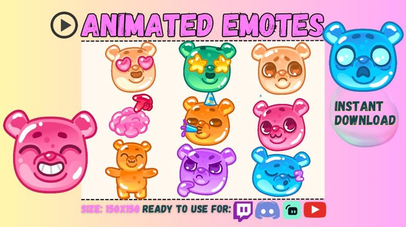 Twitch JELLY BEAR PACK Gummy Emote Bundle Animated Sub Emoticon Set ...