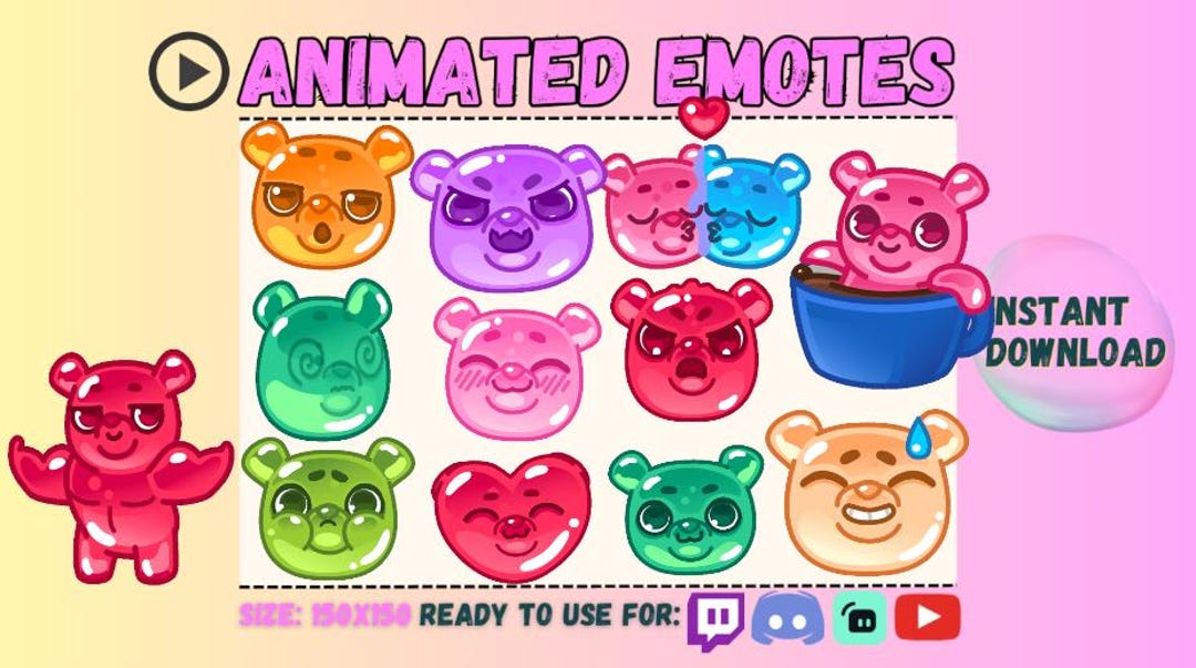 Twitch JELLY BEAR PACK Gummy Emote Bundle Animated Sub Emoticon Set ...