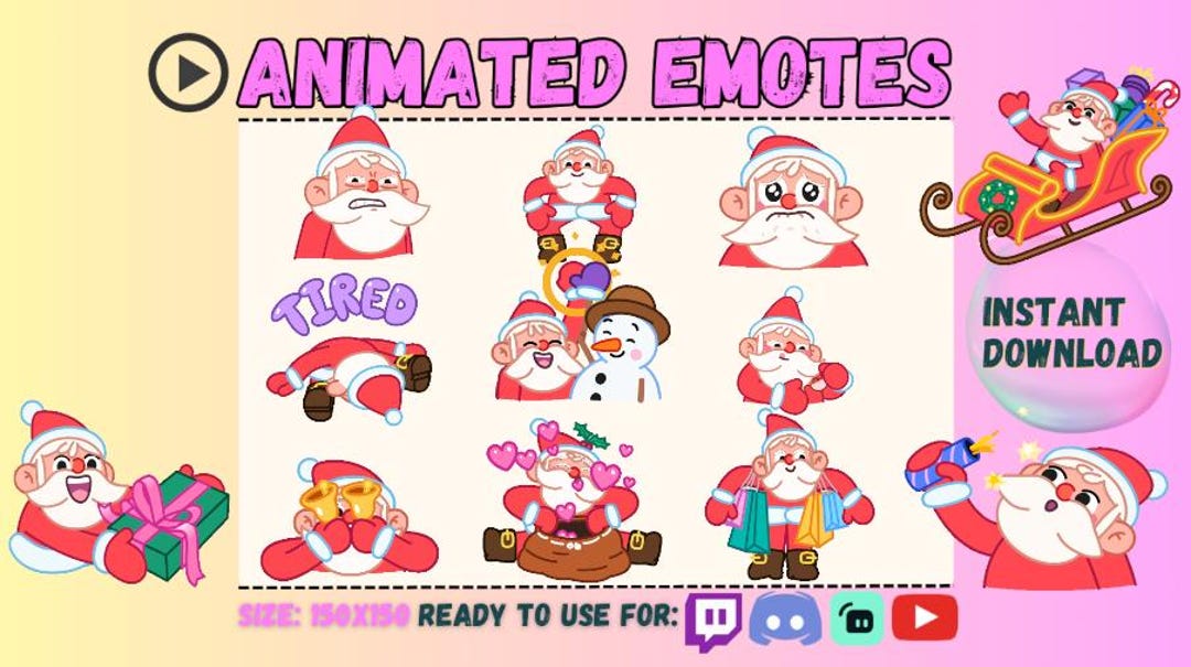 Twitch 12 SANTA EMOTE BUNDLE Animated Pack Sub Emoticon/white Beard Red ...