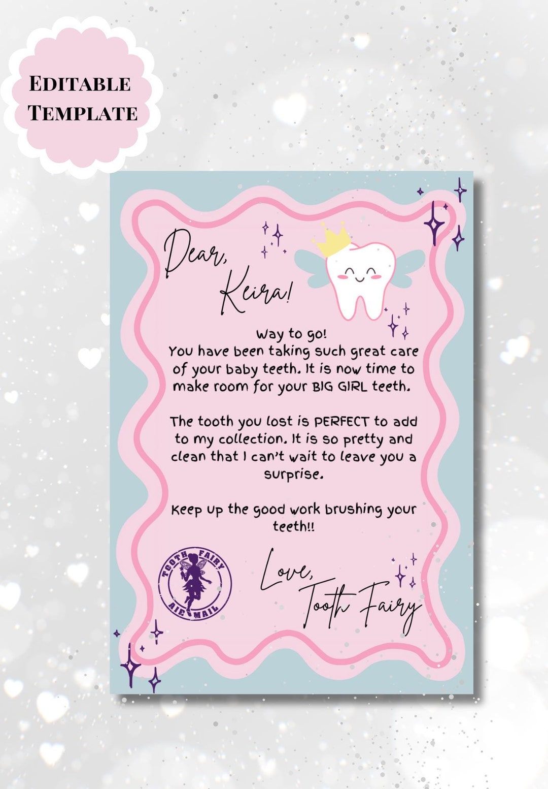 Editable Girly Tooth Fairy Letter Template | Canva Tooth Fairy ...