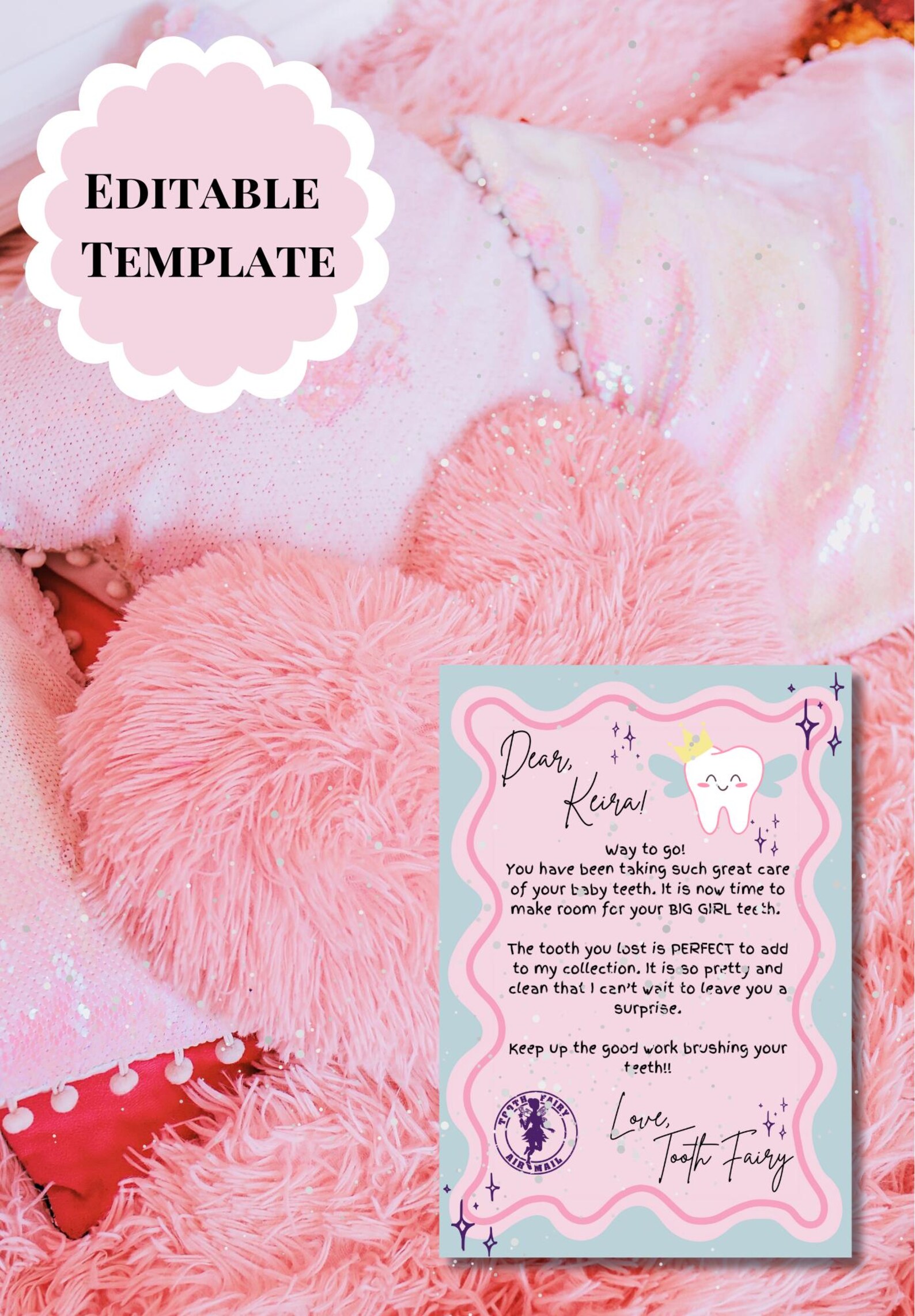 Editable Girly Tooth Fairy Letter Template | Canva Tooth Fairy ...