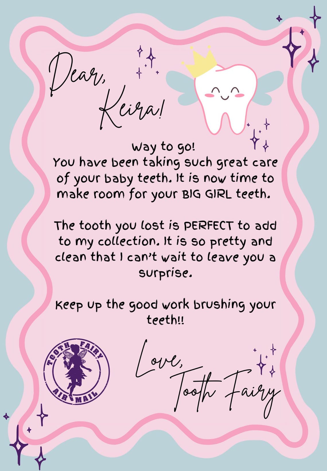 Editable Girly Tooth Fairy Letter Template | Canva Tooth Fairy ...