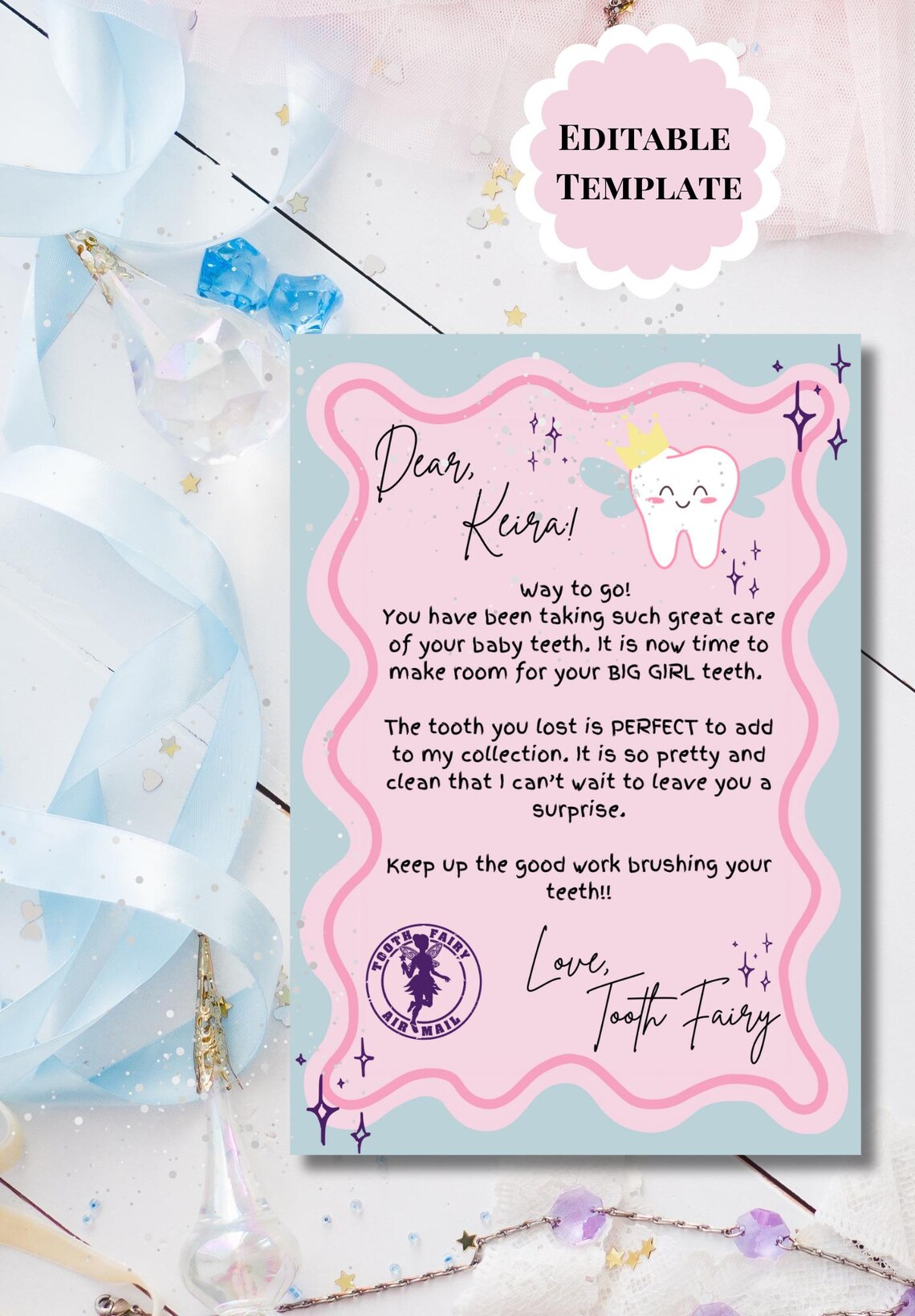 Editable Girly Tooth Fairy Letter Template | Canva Tooth Fairy ...