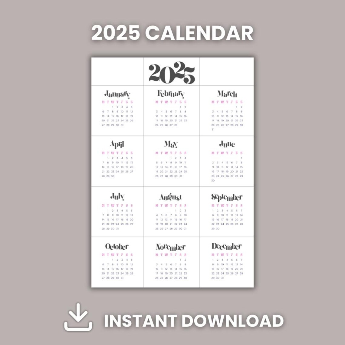 2025 Minimalist Calendar, Digital Download, 2025 Annual Calendar, Wall ...
