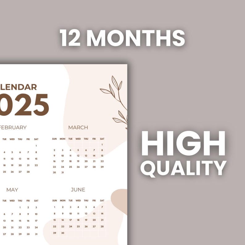 2025 Minimalist Calendar, Digital Download, 2025 Annual Calendar, Wall ...
