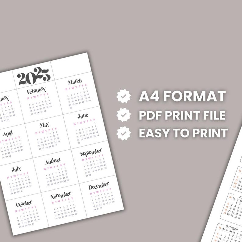 2025 Minimalist Calendar, Digital Download, 2025 Annual Calendar, Wall ...