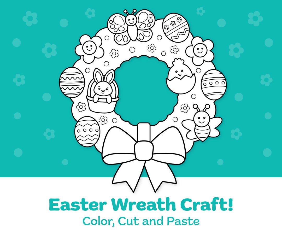 Easter Wreath Craft! Cut and Paste Printable, Fun Coloring Activity ...