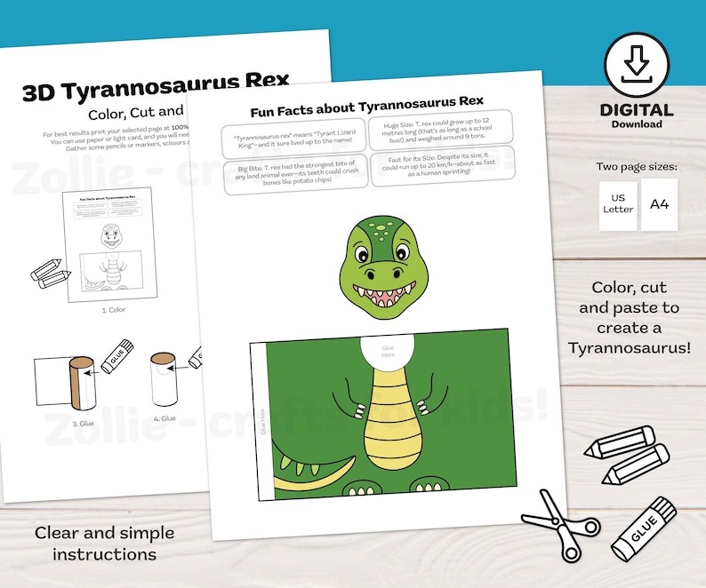 3D Tyrannosaurus Rex Craft: Cut, Paste & Color Activity (digital ...