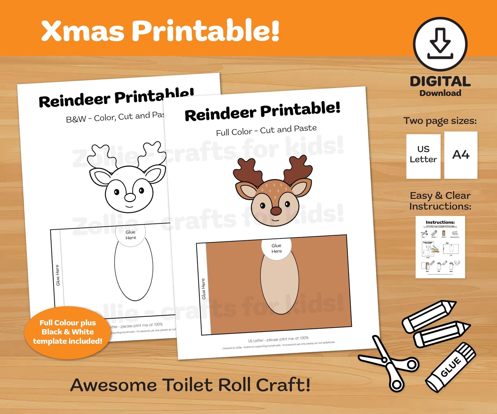 Reindeer Cut and Paste Printable Craft Christmas Kids Activity Coloring ...
