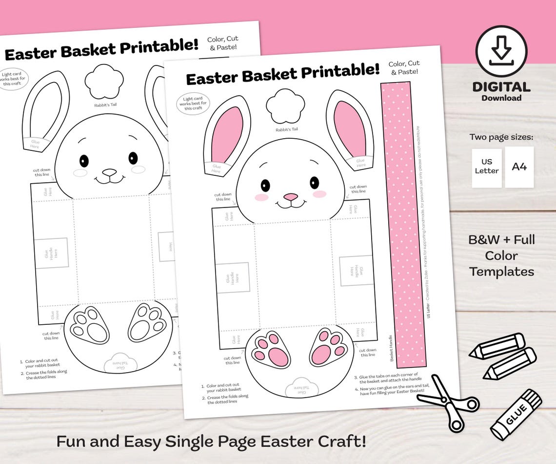Easter Bunny Basket! Kids Craft, Cut and Paste Printable, Fun and Easy ...