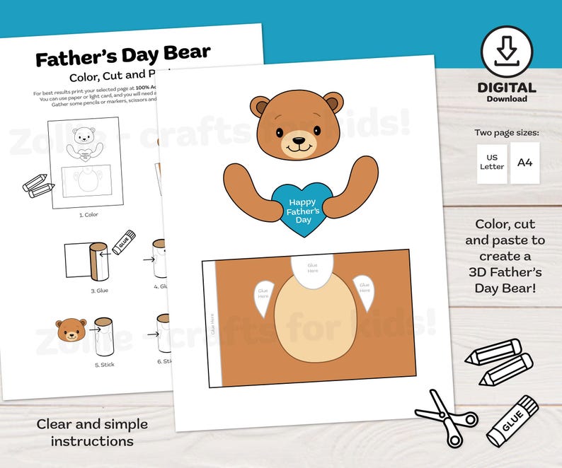 Father's Day Craft! Cut and Paste Printable, Kids Bear Coloring ...