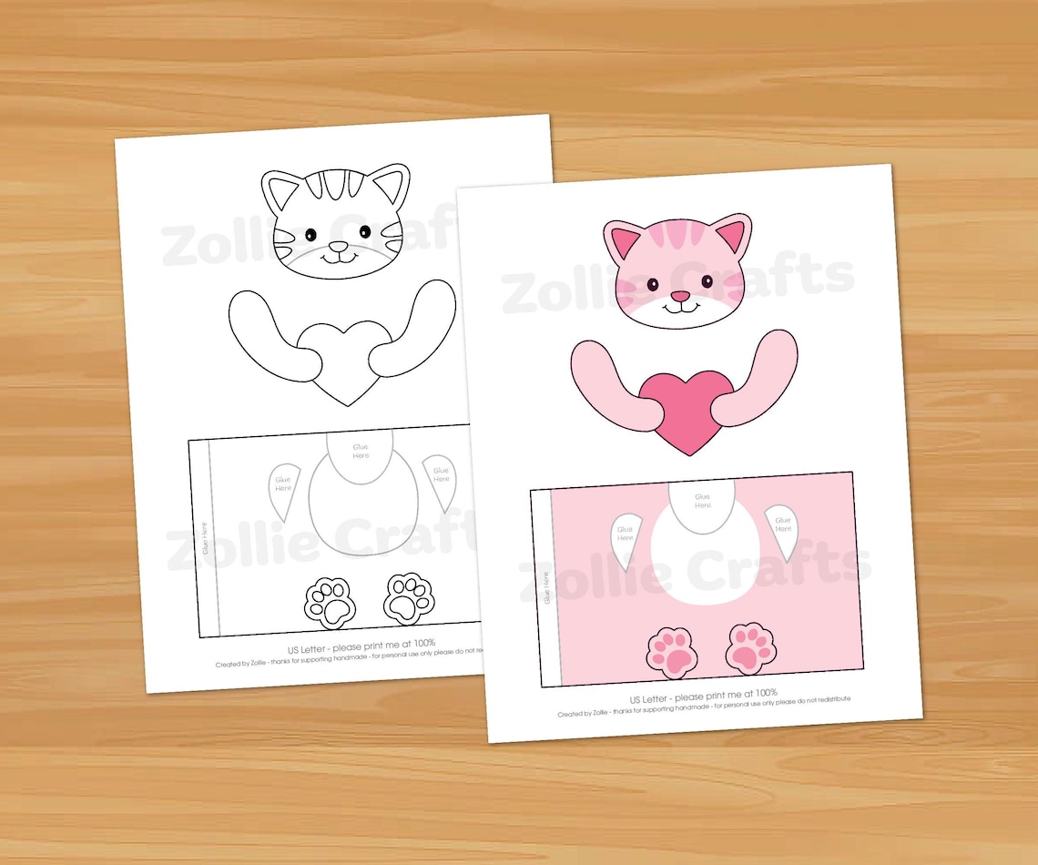 Heart Cat Craft! Cut and Paste Printable, Kids Coloring Activity ...