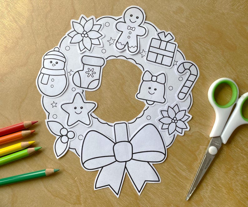 Christmas Wreath Printable: Kids' Coloring Craft Activity (instant ...