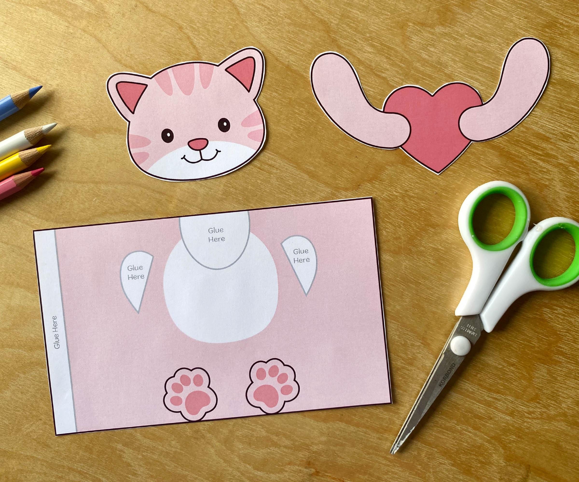 Heart Cat Craft! Cut and Paste Printable, Kids Coloring Activity ...