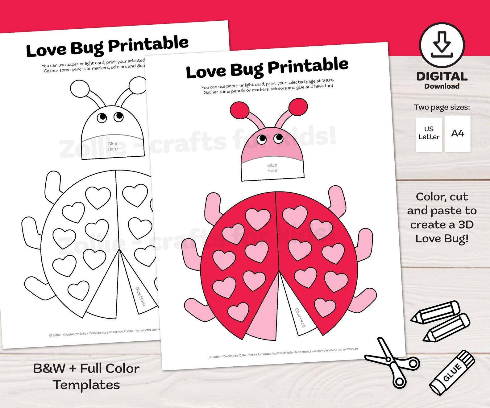 Ladybug Craft for Kids: Cut & Paste Coloring Activity (digital Download ...