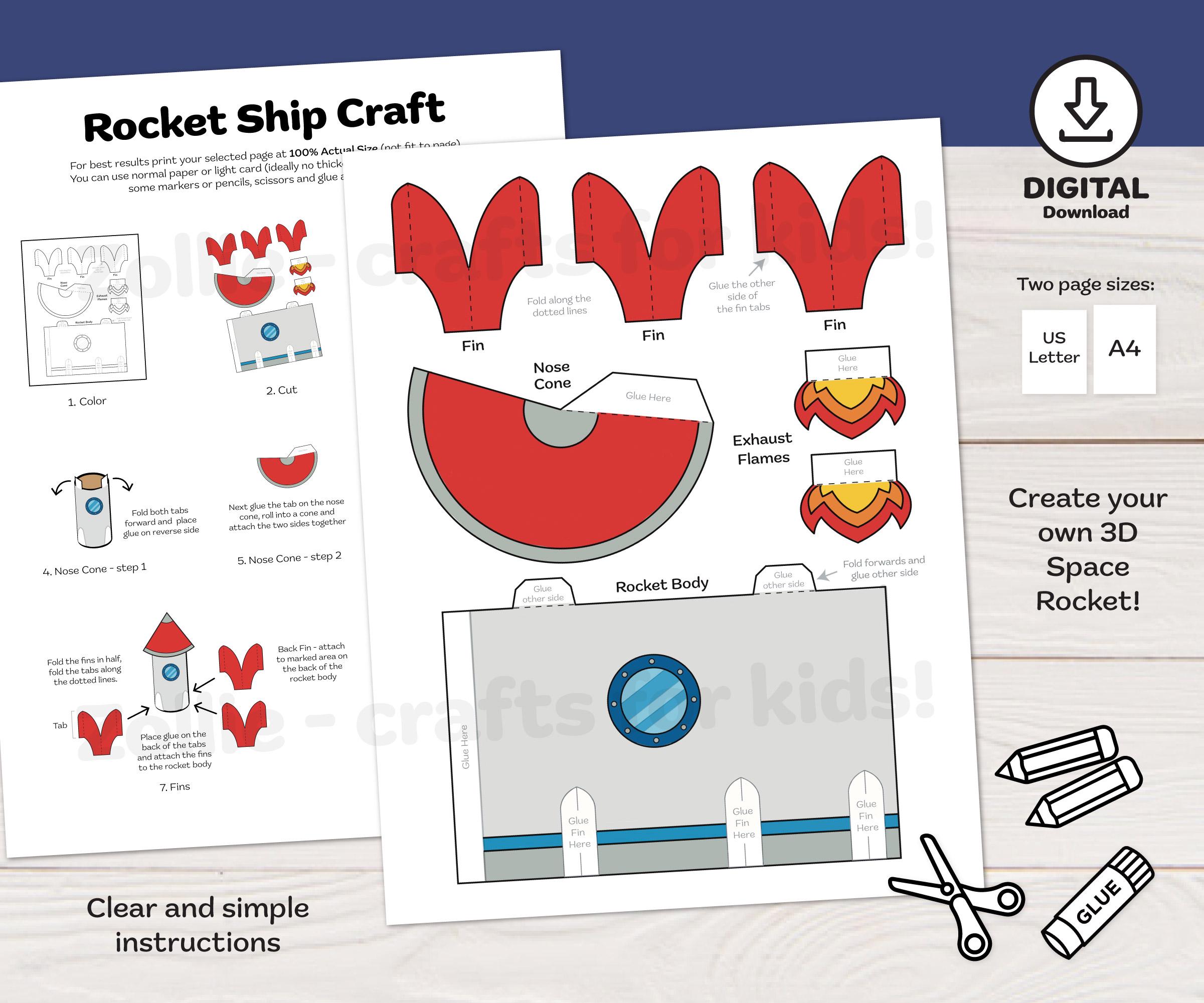 3D Rocket Ship Craft: Cut & Paste Activity (PDF Printable) - Etsy