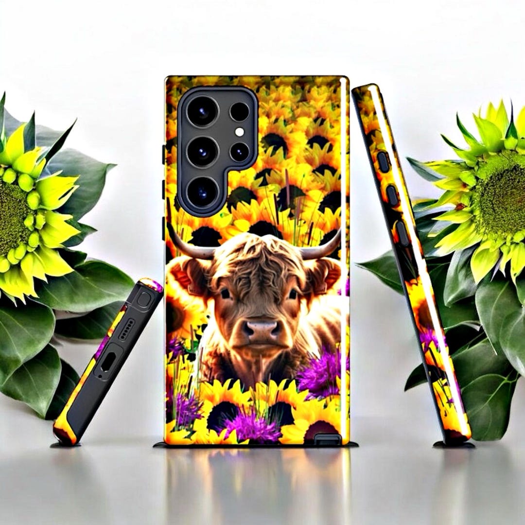 Highland Cow Sunflower Samsung Tough Case, Impact-resistant, Nature ...