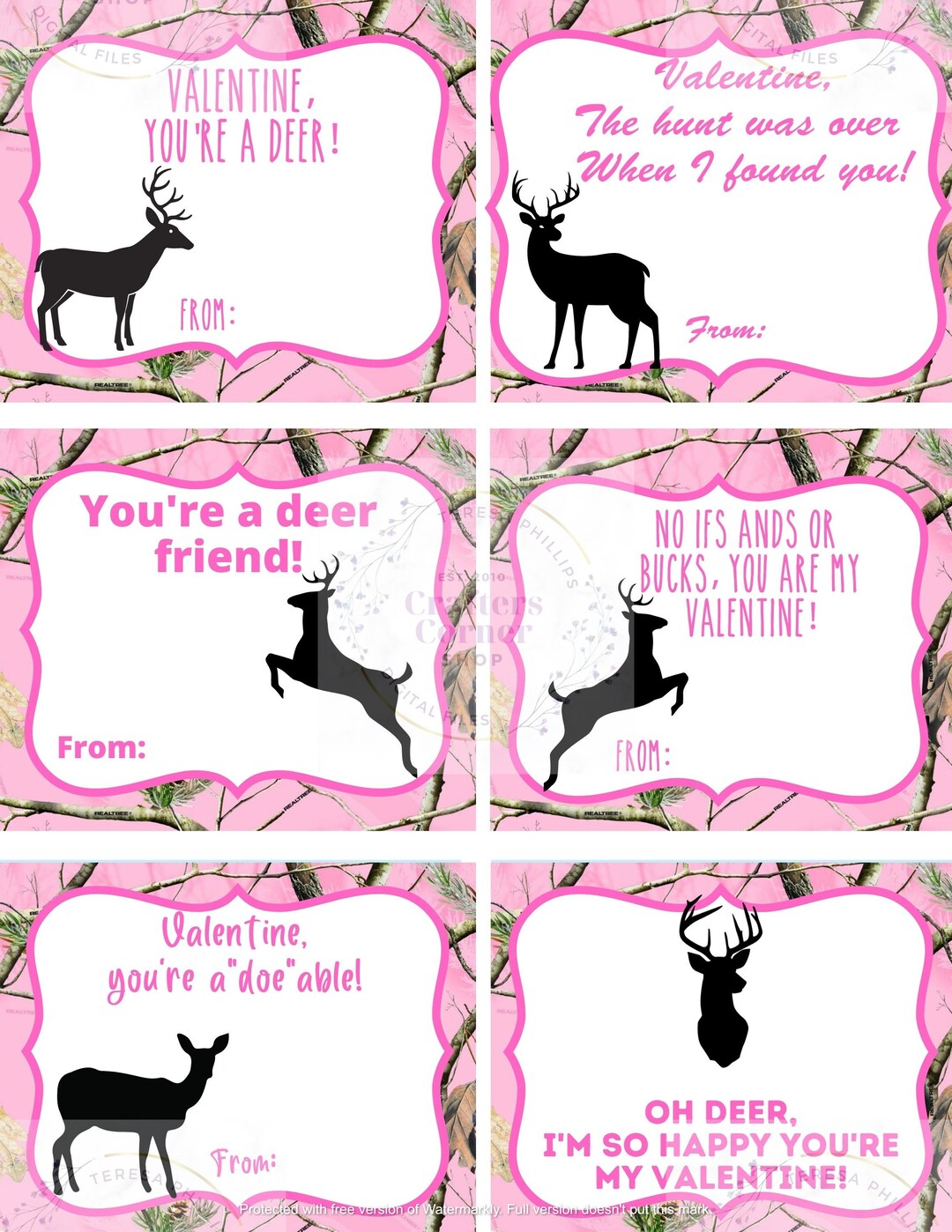 Pink Tree Camouflage Deer Printable Valentines, Deer Valentines ...