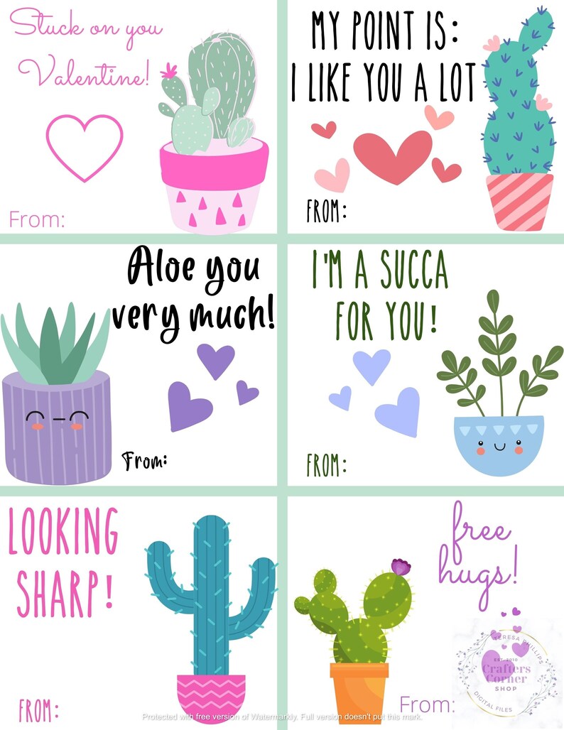 Cactus Valentines, Succulent Valentines, Kids Valentines, Printable ...