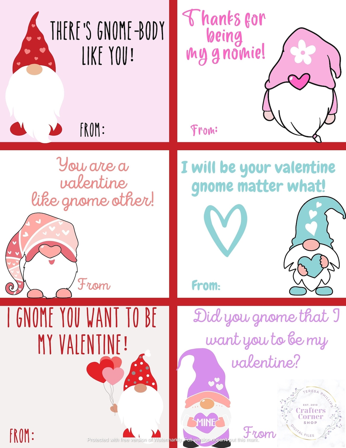 Gnome Printable Valentines, Kids Valentines, Printable Gnome Valentines ...