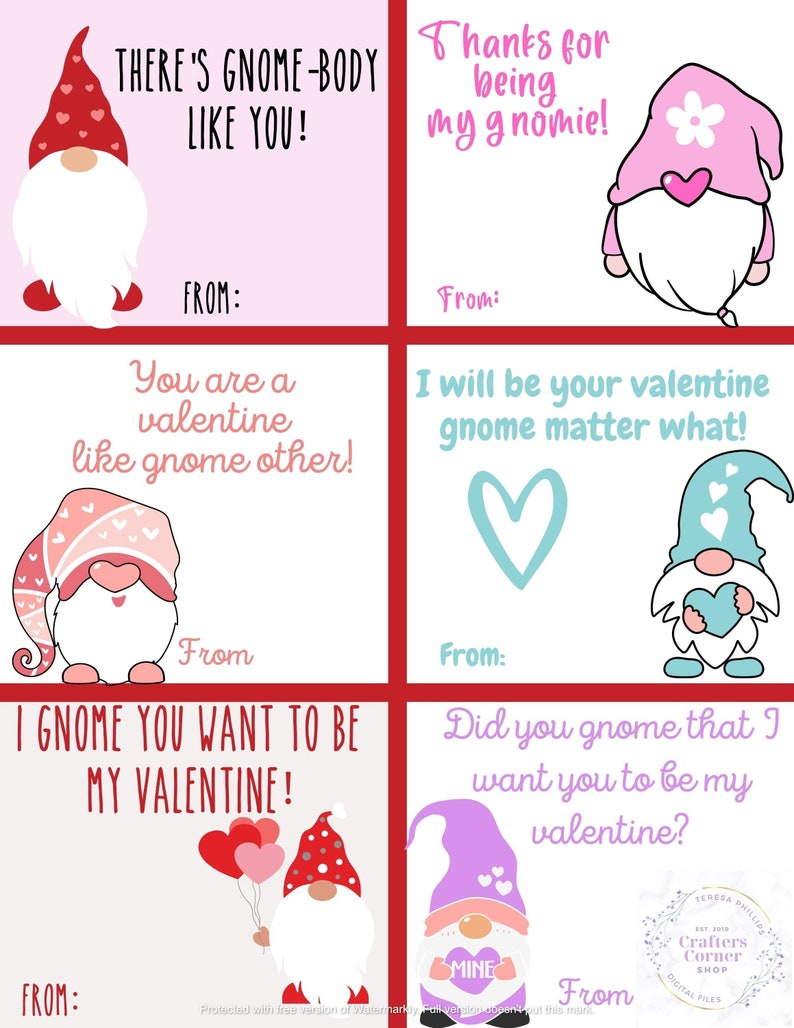 Gnome Printable Valentines, Kids Valentines, Printable Gnome Valentines ...