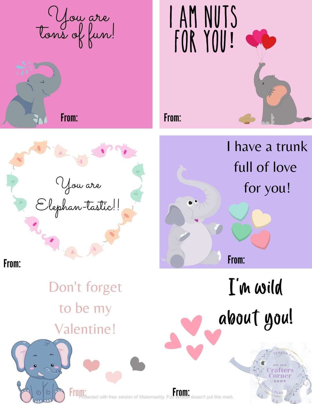 Elephant Valentines, Kids Valentines Printable, Valentines Cards ...