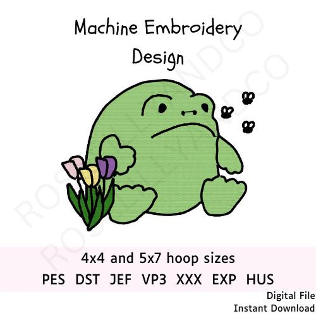 Frog Embroidery Design, Spring Frog, Grumpy Frog, Frog With Flowers ...
