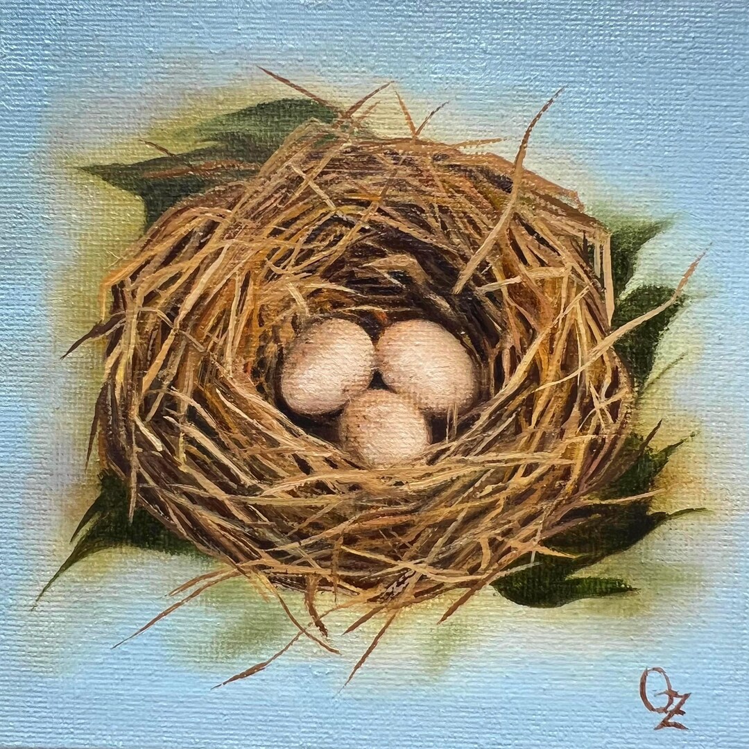 Bird’s Nest Oil Painting Nature-inspired Wall Art Eggs in Nest Fine Art Rustic Cottage Decor ...