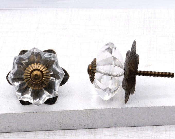 Glass Floral Knob, Bronze Scallop Drawer Pull, Flower Furniture Knob, Glass Cabinet Hardware ...