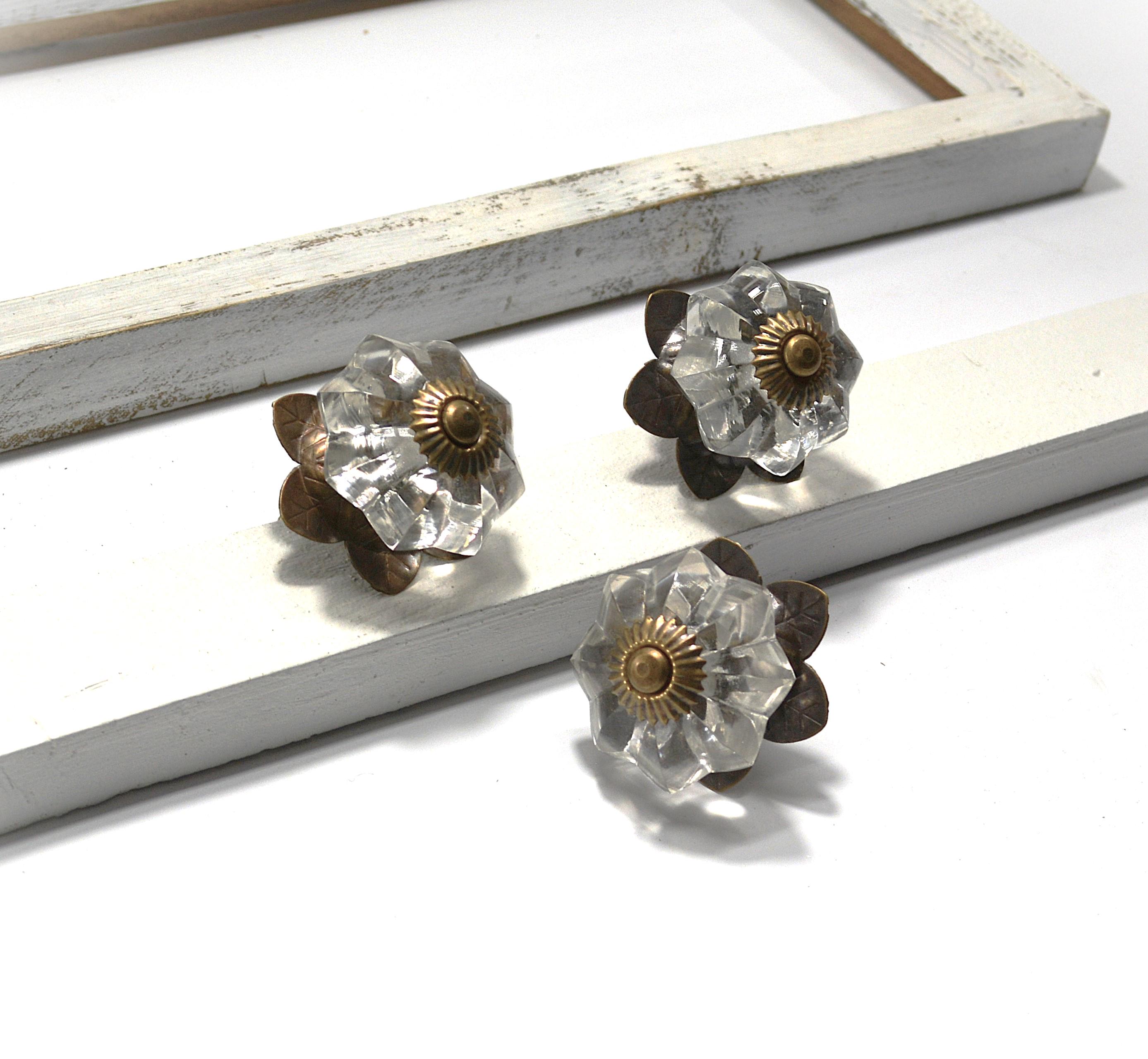 Glass Floral Knob, Bronze Scallop Drawer Pull, Flower Furniture Knob, Glass Cabinet Hardware ...