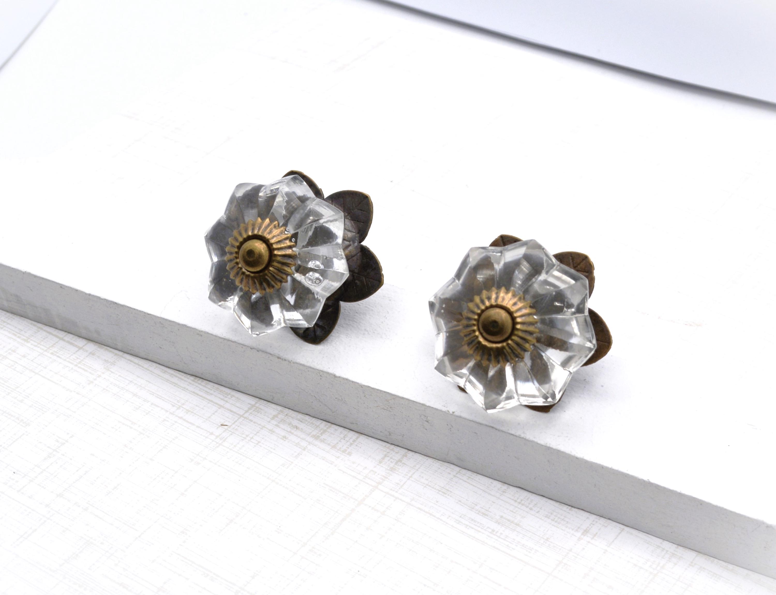 Glass Floral Knob, Bronze Scallop Drawer Pull, Flower Furniture Knob, Glass Cabinet Hardware ...