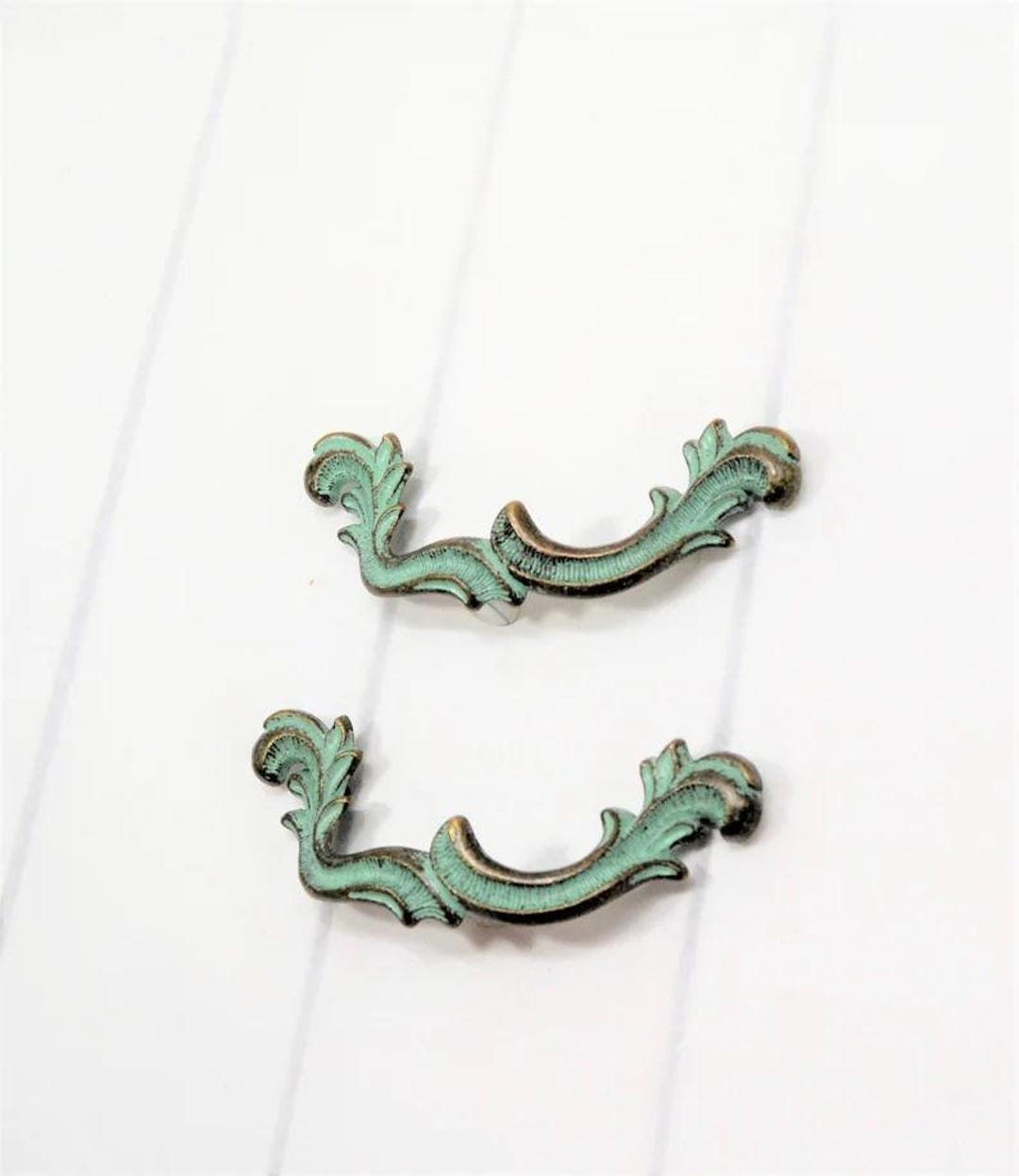 Verdigris Plume End Drop Pull, Antique Green Baroque Cabinet Knob, 3 3/ ...