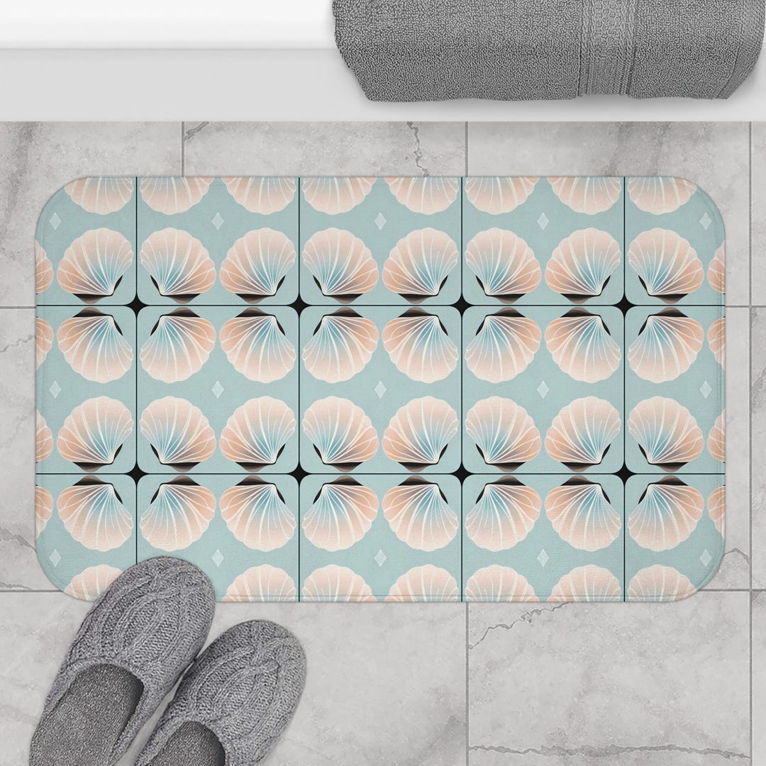 Modern Coastal Mid-century Seashell Pattern Bath Mat, Modern Coastal ...