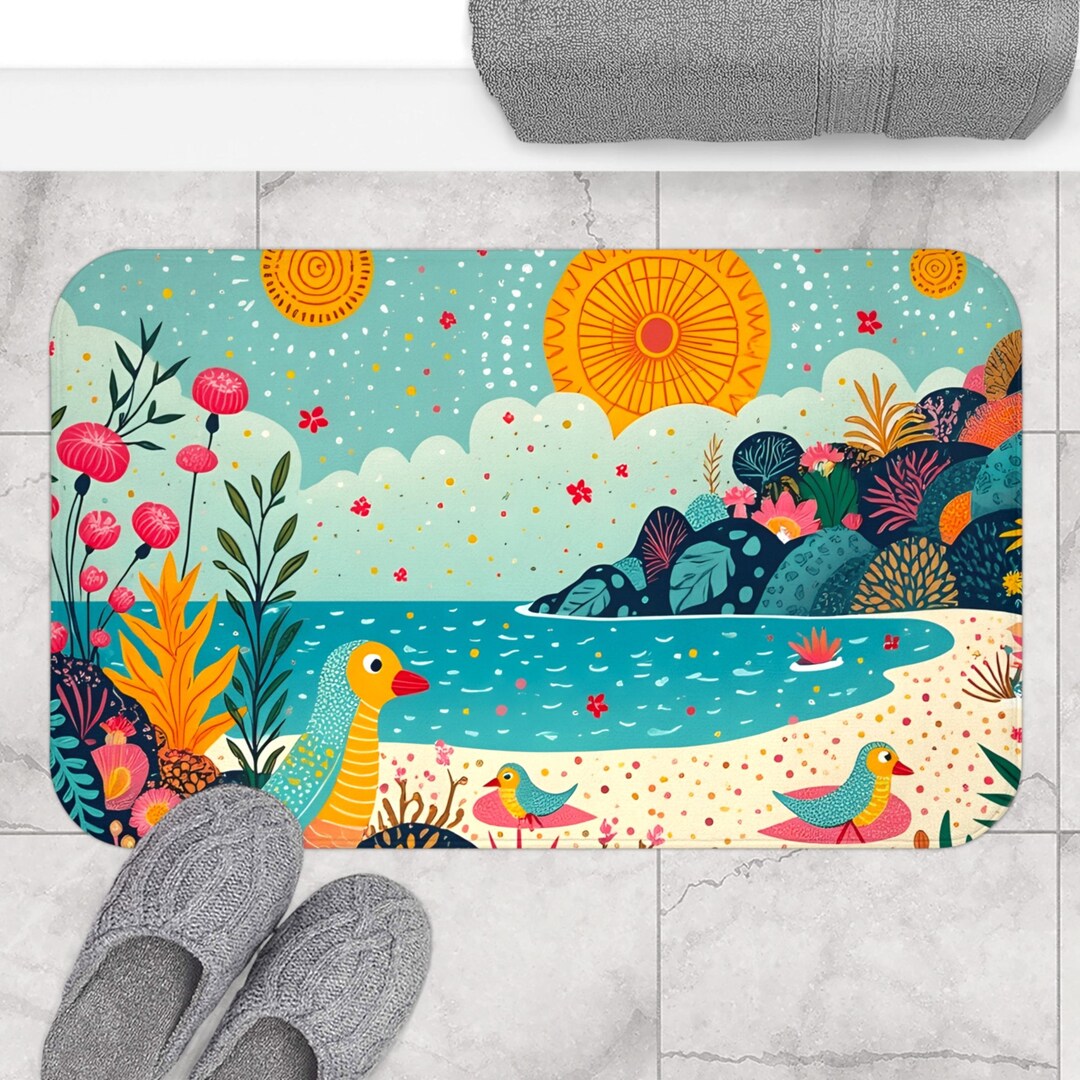 Whimsical Beach Scene Bath Mat, Colorful Ocean Bath Mat, Tropical Bath ...